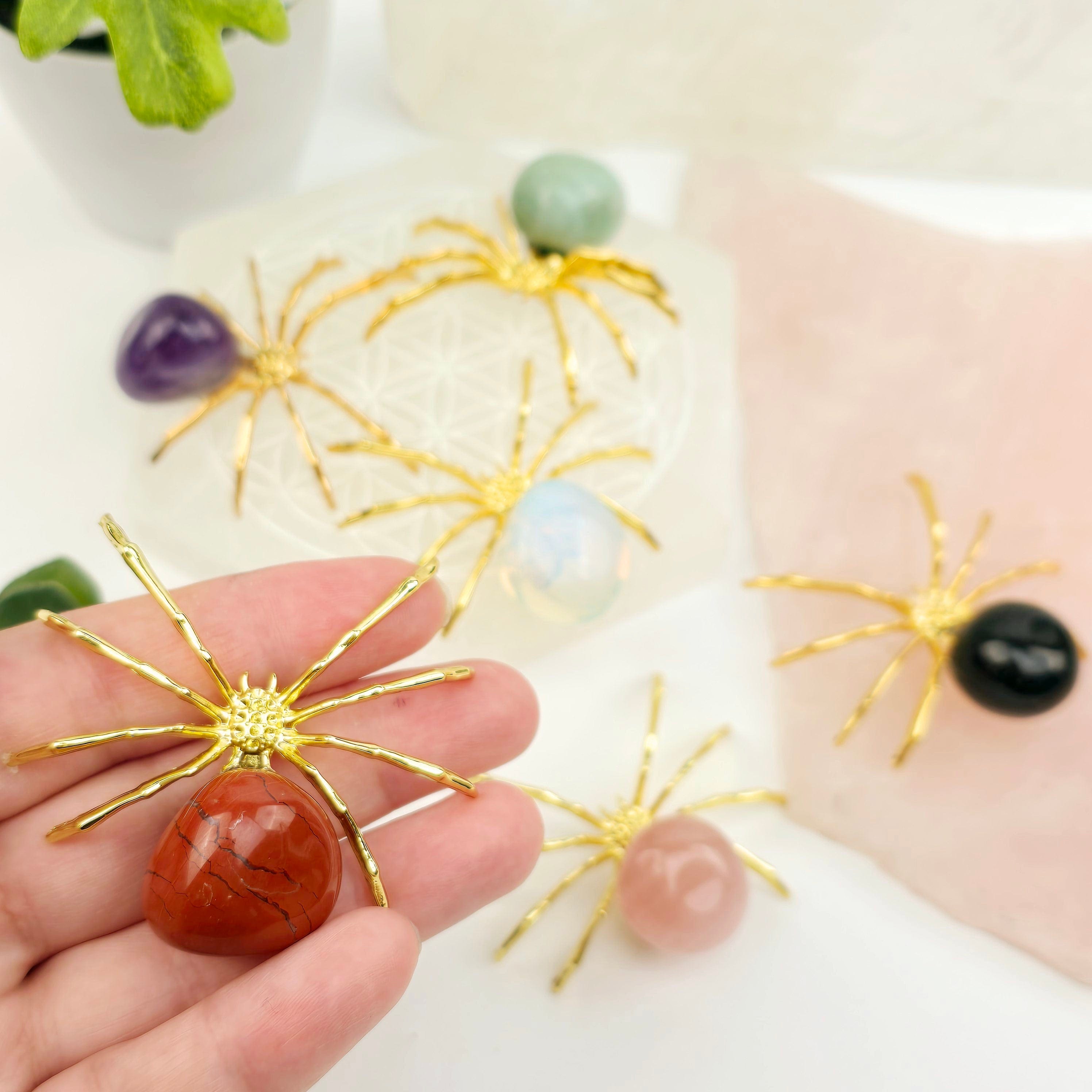 Crystal Spider - Gold-Toned Metal Spider with Tumbled Stone Body - Hal ...