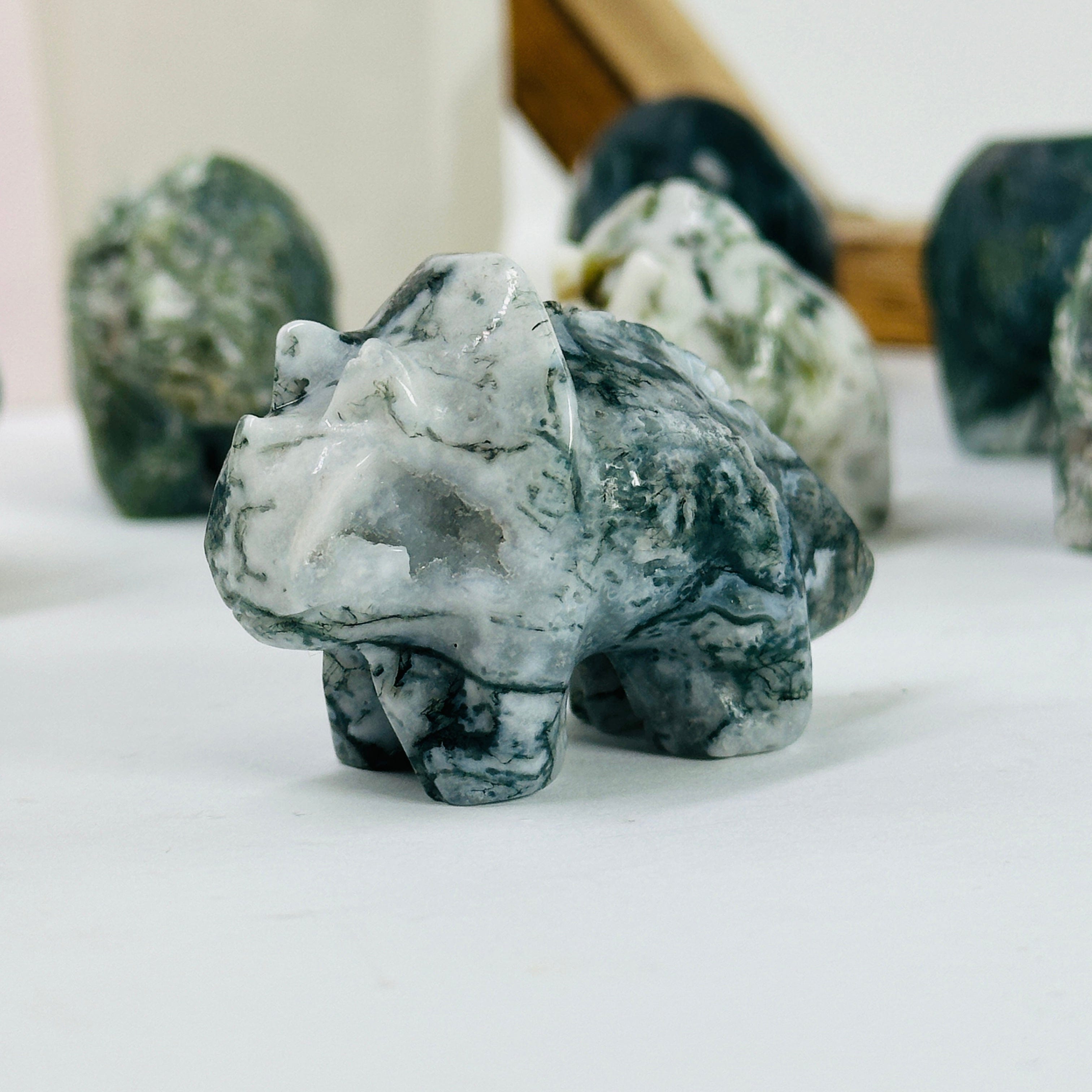 Moss Agate Crystal Triceratops Carving AS IS YOU CHOOSE – Rock Paradise