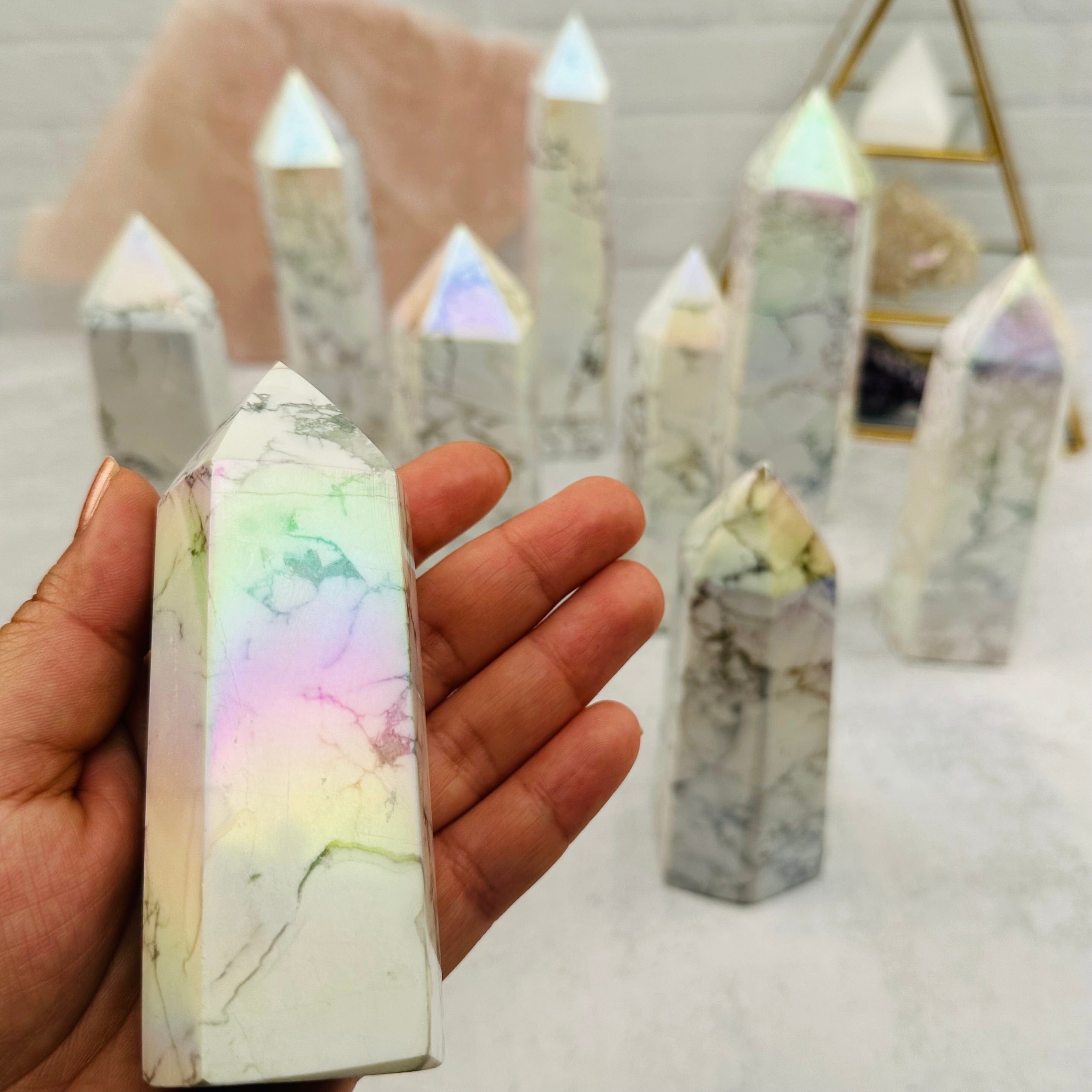 Howlite Crystal Tower Points with Angel Aura Titanium Finish - By Weig ...