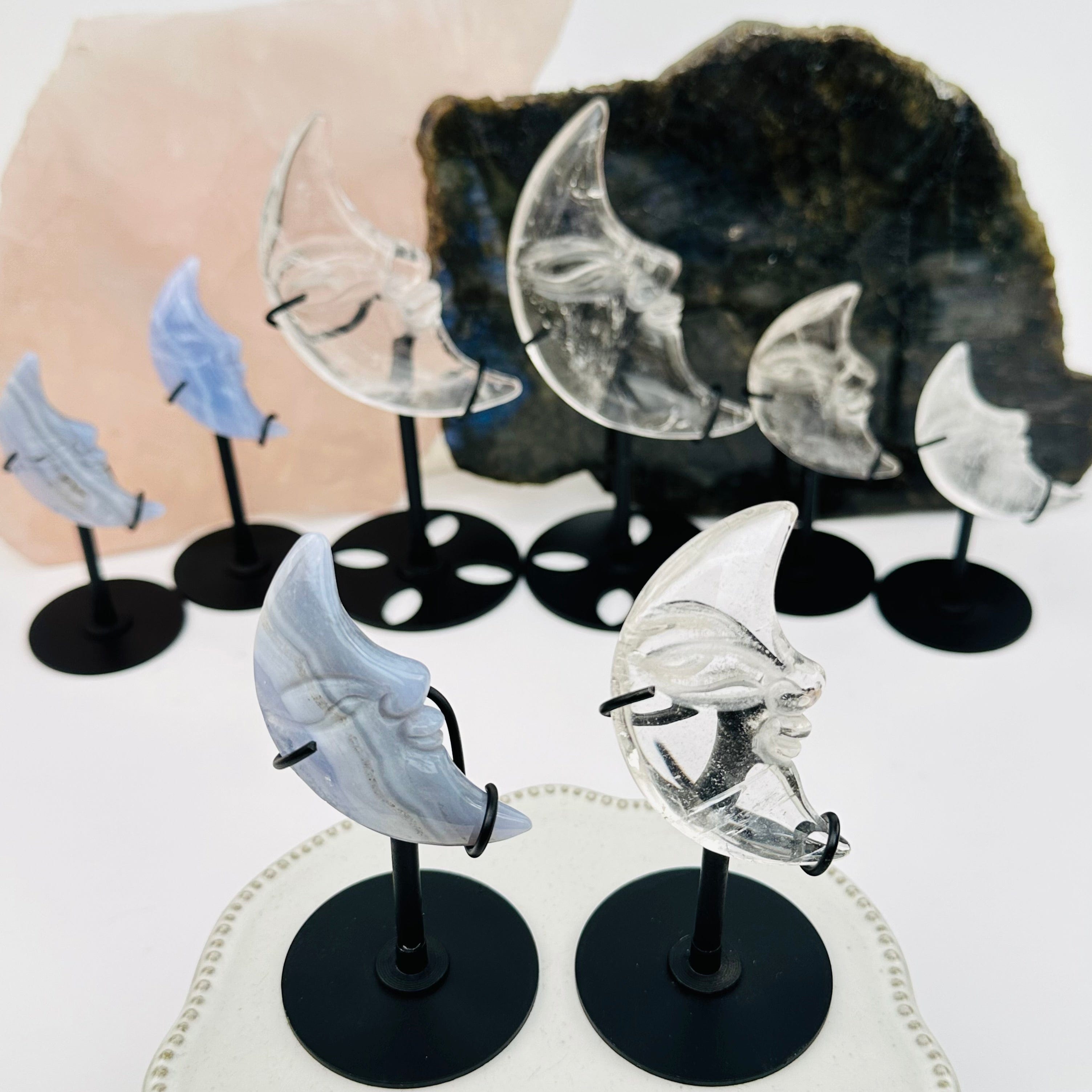 Crystal Moon Crescent on Stand - Crystal Quartz or Blue Lace Agate ...