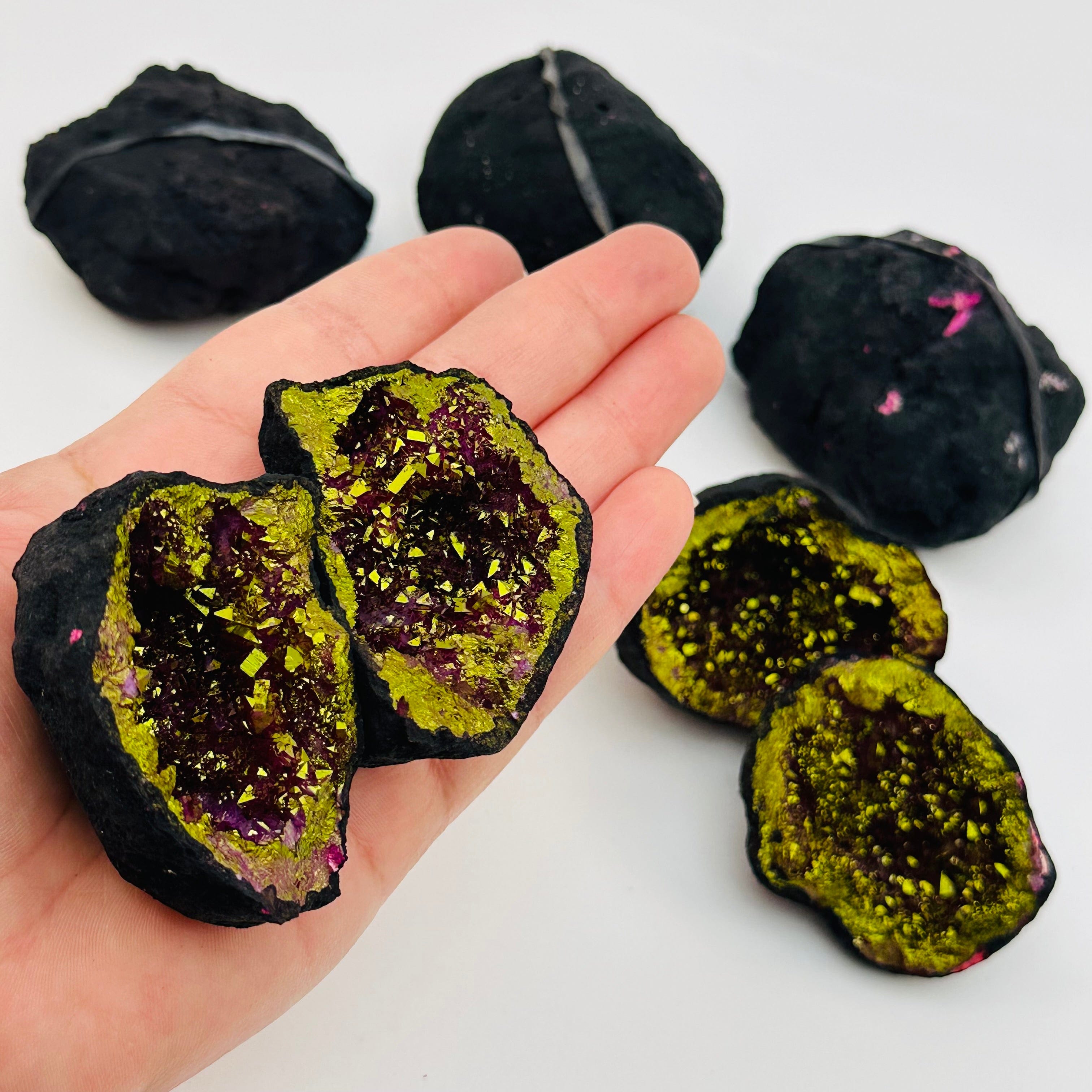 Open Your Own Crystal Geode (Prebroken) - Lime Green with Pink Color D ...