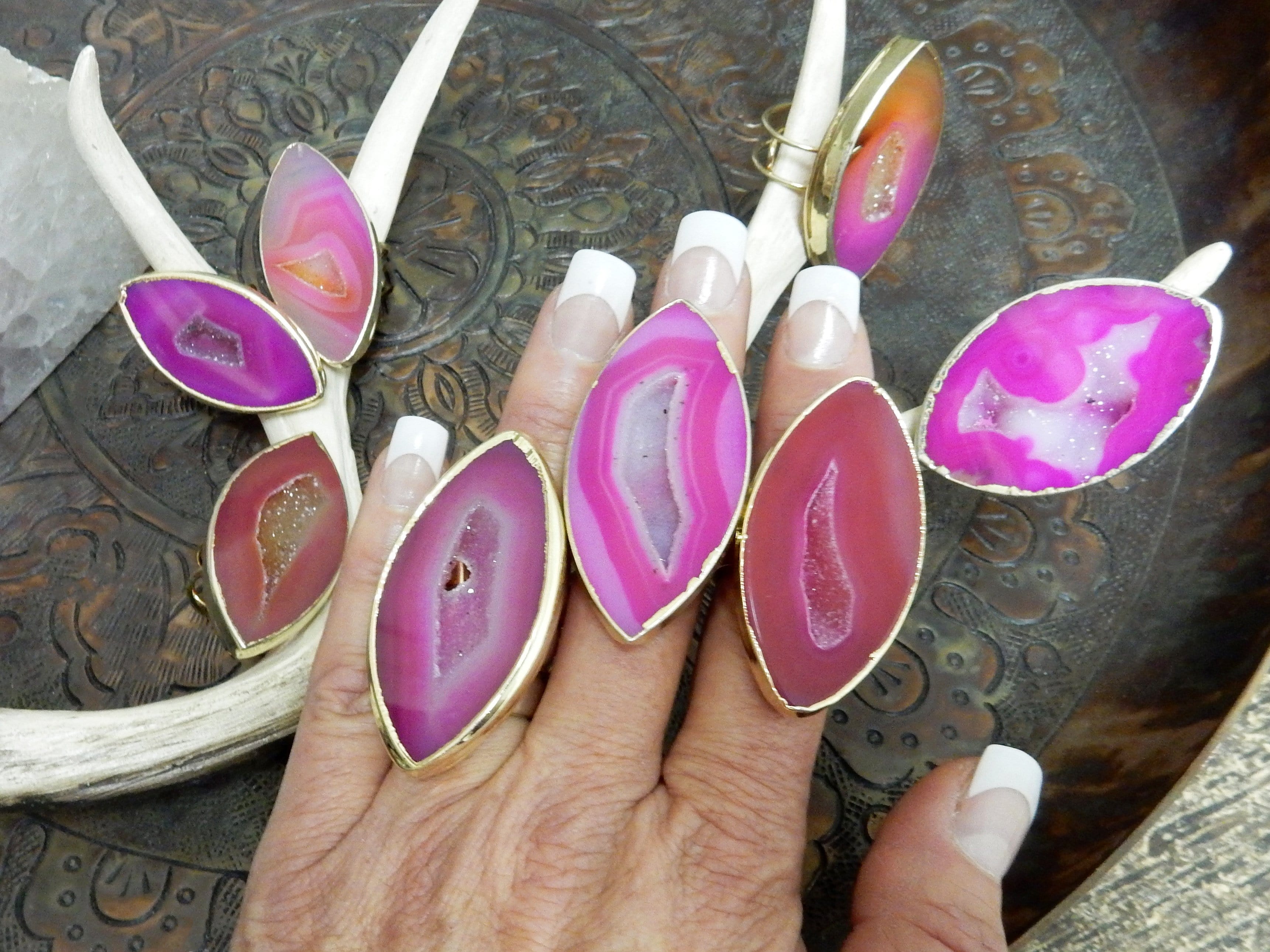 Agate Ring Electroplated 24k Gold Edges on an Adjustable 24k Gold Elec ...